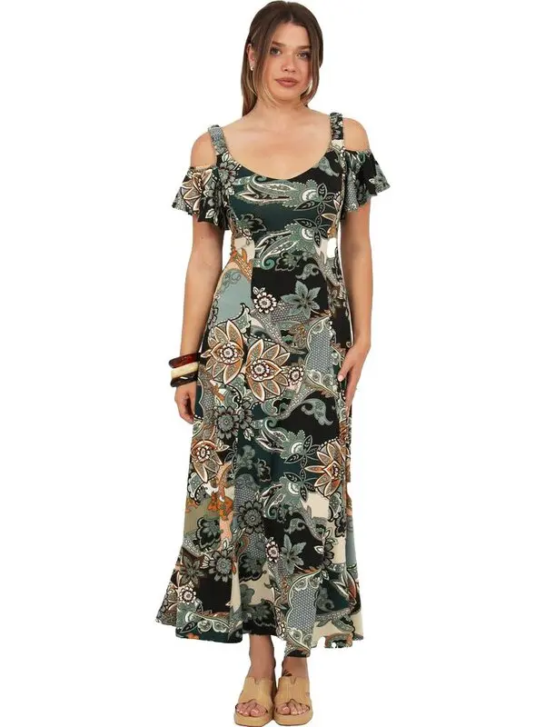 24SEVEN COMFORT APPAREL Paisley Print Cold Shoulder Maxi Dress - Green Multi