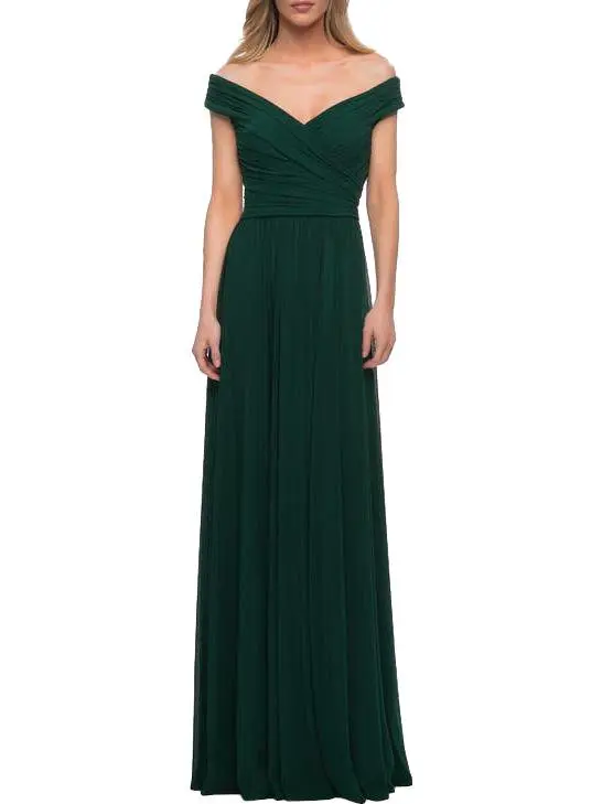 La Femme Off The Shoulder Net Jersey Gown - Emerald