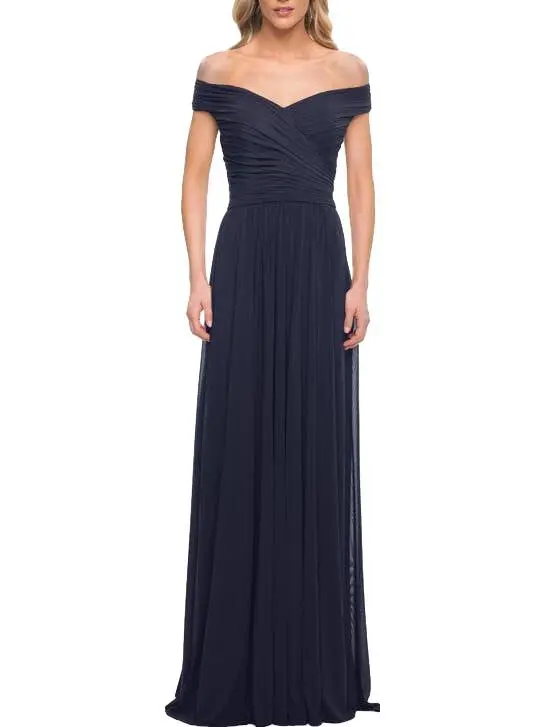 La Femme Off The Shoulder Net Jersey Gown - Navy