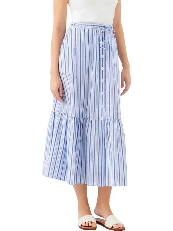 Karen Kane Striped Tiered Cotton Skirt With Ruffle - Blue