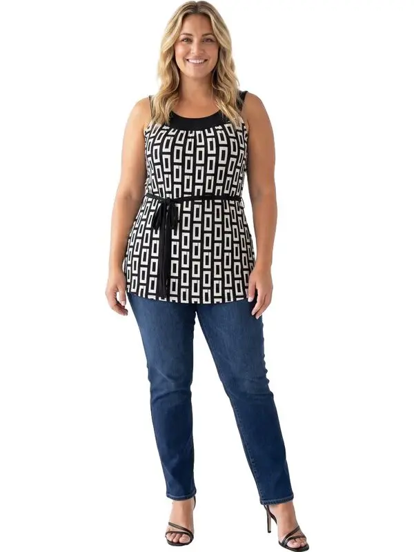 24SEVEN COMFORT APPAREL Sleeveless Geometric Print Scoop Neck Tunic Top With Waist Tie - Black Multi