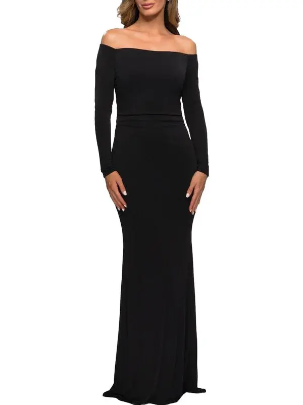 La Femme Long Sleeve Off-the-shoulder Jersey Gown - Black
