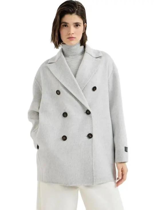 Brunello Cucinelli Cashmere Double Beaver Cloth Pea Coat With Precious Patch - Light Grey
