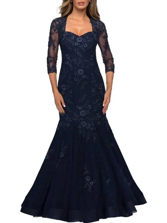 La Femme Long Lace Mermaid Gown - Navy