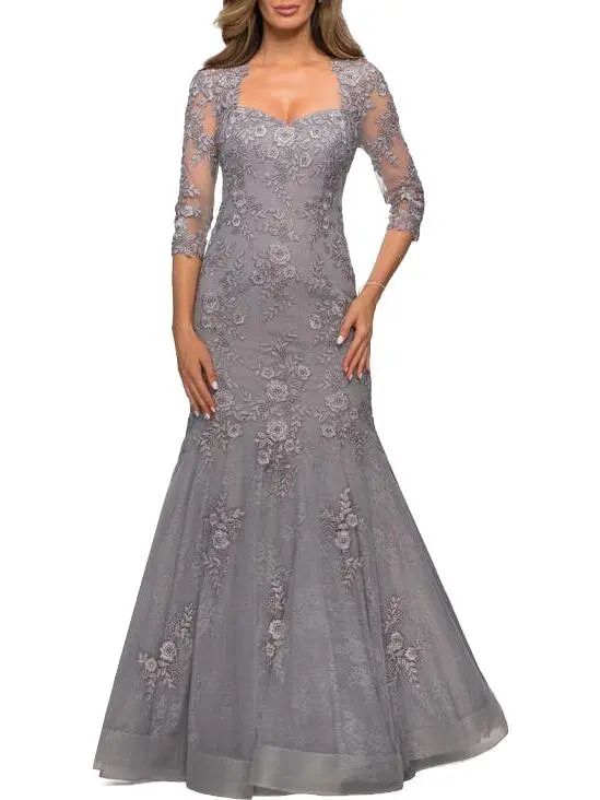 La Femme Long Lace Mermaid Gown - Silver