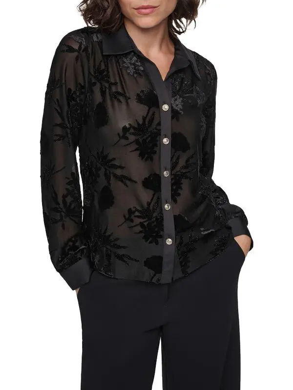 Karl Lagerfeld Paris Burnout Velour Button-up Top - Black