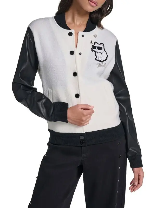 Karl Lagerfeld Paris Choupette Varsity Jacket - Soft White/black