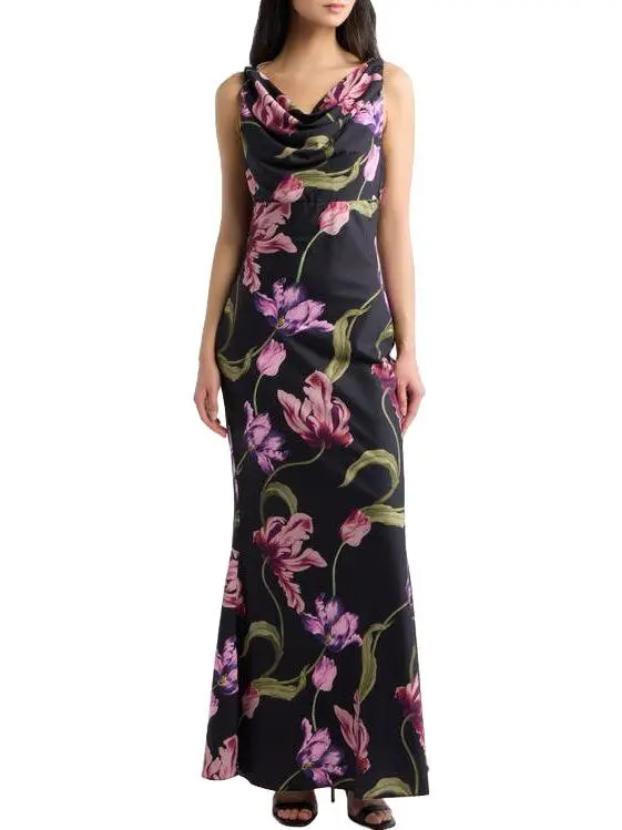 Line & Dot Calluna Floral Print Cowl Neck Maxi Dress - Black Multi