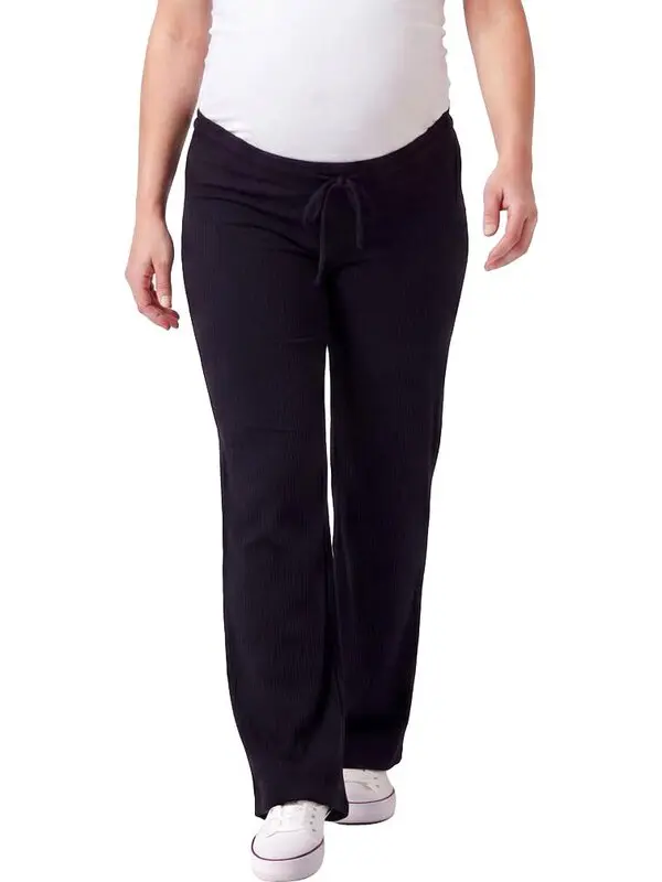 24SEVEN COMFORT APPAREL Maternity Ribbed Knit Lounge Pants With Drawstring Waist - Black