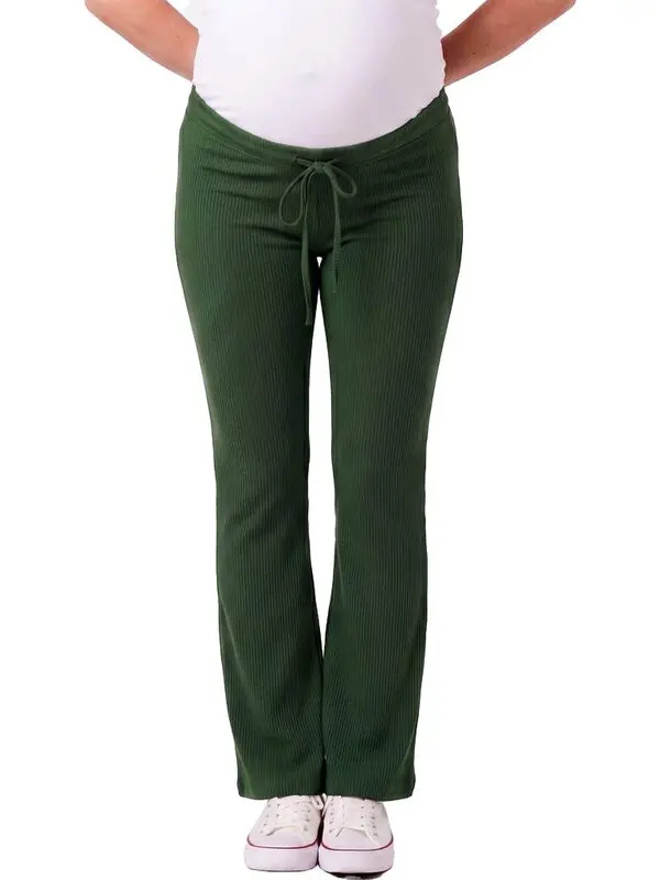 24SEVEN COMFORT APPAREL Maternity Ribbed Knit Lounge Pants With Drawstring Waist - Kiwi