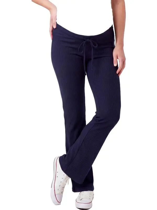 24SEVEN COMFORT APPAREL Maternity Ribbed Knit Lounge Pants With Drawstring Waist - Navy