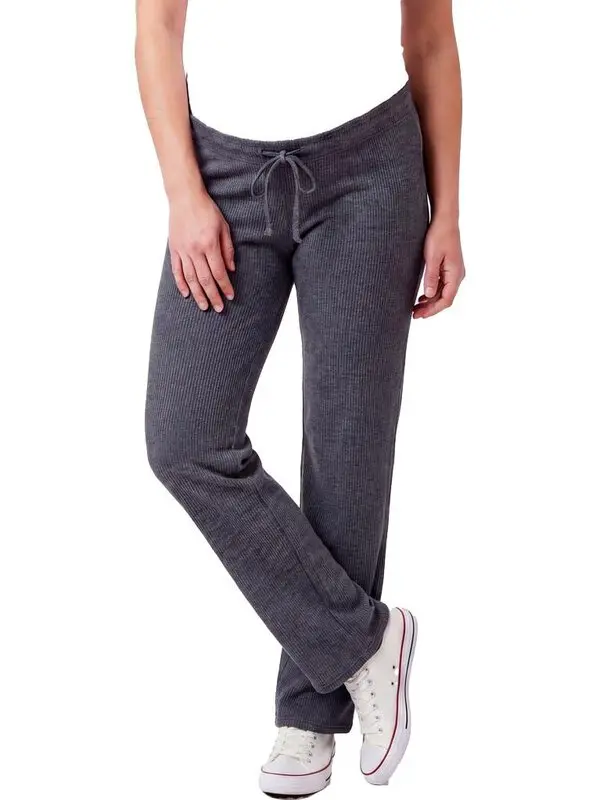 24SEVEN COMFORT APPAREL Maternity Ribbed Knit Lounge Pants With Drawstring Waist - Smoke