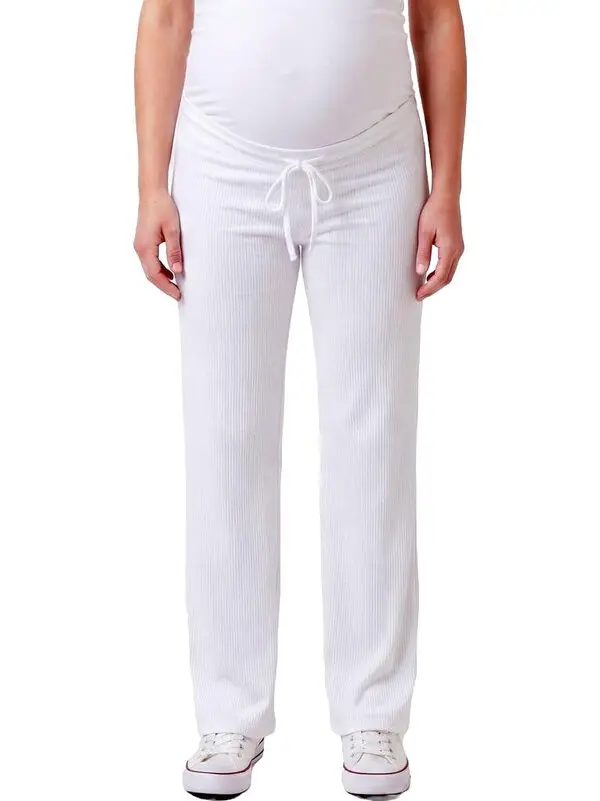 24SEVEN COMFORT APPAREL Maternity Ribbed Knit Lounge Pants With Drawstring Waist - White
