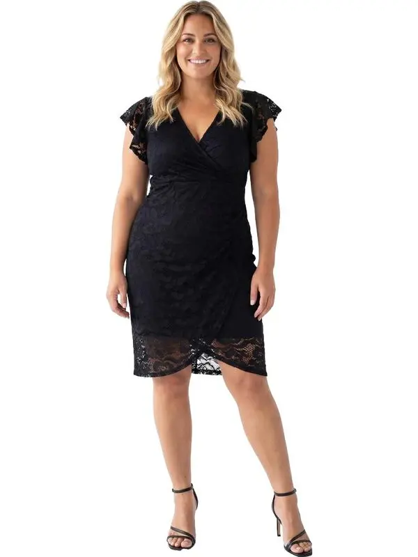 24SEVEN COMFORT APPAREL Curvy Elevate Lace V-neck Flutter Sleeve Faux Wrap Midi Dress - Black