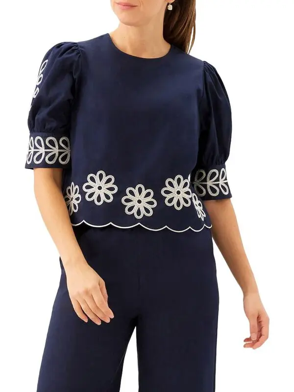 Karen Kane Embroidered Scallop Puff Sleeve Cotton Top - Navy