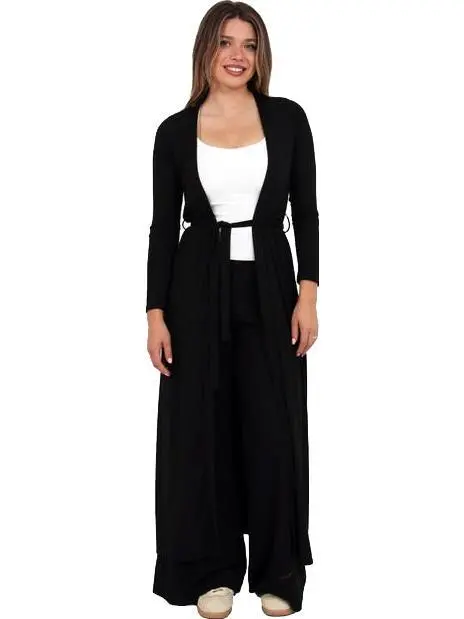 24SEVEN COMFORT APPAREL Basic Long Sleeve Tie Waist Soft Jacket And Elastic Waist Wide Leg Pant Set - Black