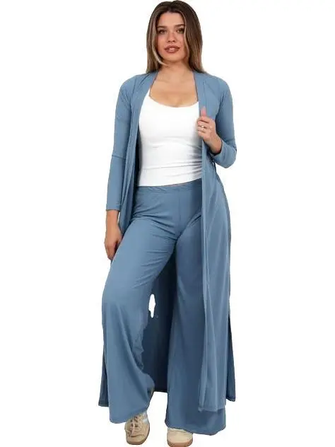 24SEVEN COMFORT APPAREL Basic Long Sleeve Tie Waist Soft Jacket And Elastic Waist Wide Leg Pant Set - Blue