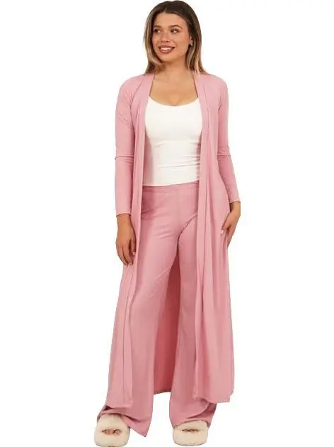 24SEVEN COMFORT APPAREL Basic Long Sleeve Tie Waist Soft Jacket And Elastic Waist Wide Leg Pant Set - Blush