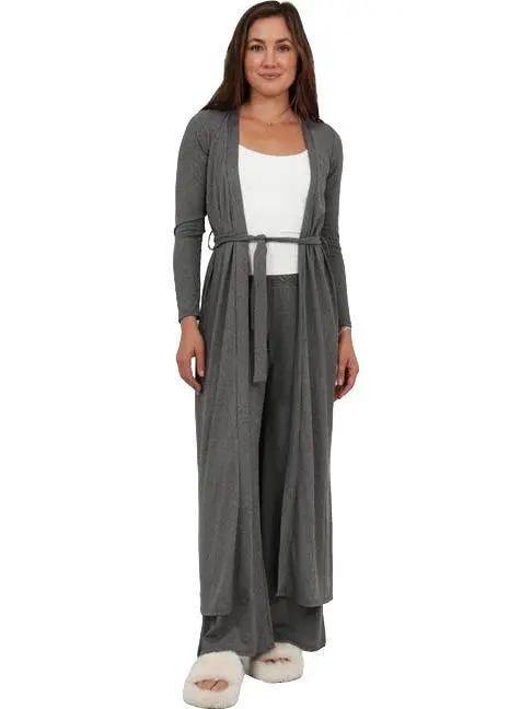 24SEVEN COMFORT APPAREL Basic Long Sleeve Tie Waist Soft Jacket And Elastic Waist Wide Leg Pant Set - Smoke
