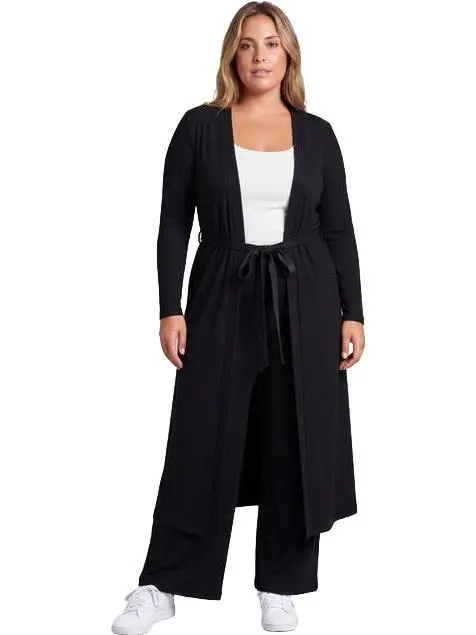 24SEVEN COMFORT APPAREL Ribbed Knit Long Sleeve Jacket And Wide Leg Pant Set - Black