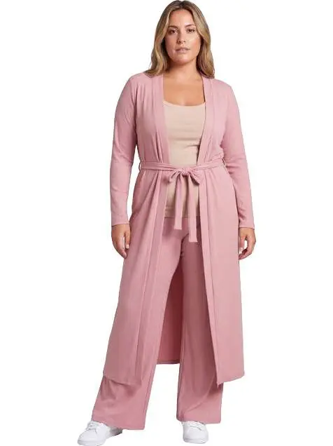 24SEVEN COMFORT APPAREL Ribbed Knit Long Sleeve Jacket And Wide Leg Pant Set - Blush