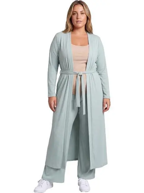 24SEVEN COMFORT APPAREL Ribbed Knit Long Sleeve Jacket And Wide Leg Pant Set - Mint