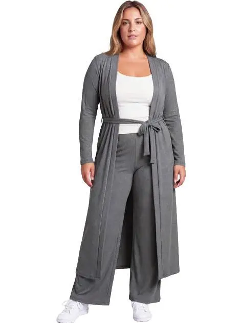24SEVEN COMFORT APPAREL Ribbed Knit Long Sleeve Jacket And Wide Leg Pant Set - Smoke