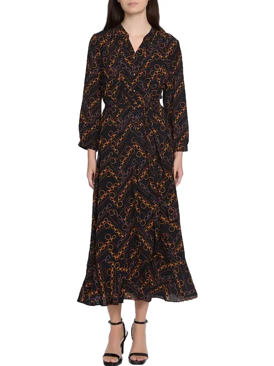 Elie Tahari Mila Chain Print Stretch Silk Midi Dress - Gilded Chain/black