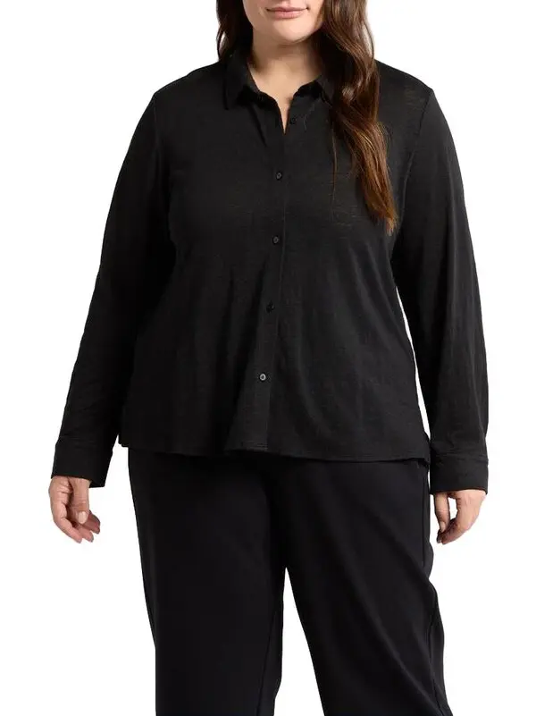 Eileen Fisher Classic Collar Organic Linen Button-up Shirt - Black