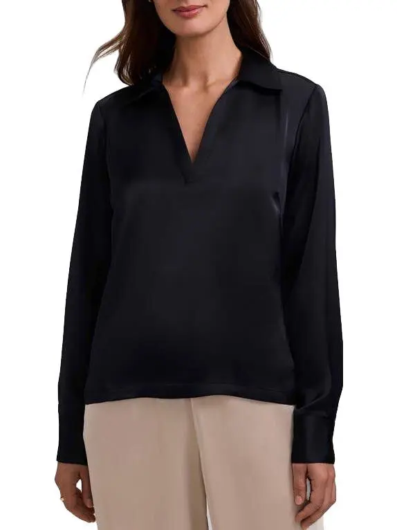 Foxcroft Talia Long Sleeve Satin Polo - Black