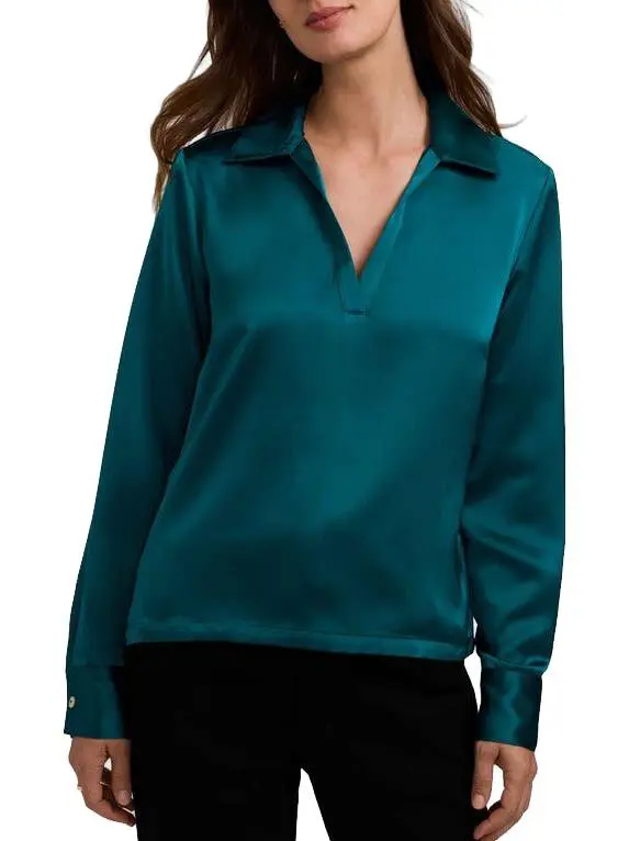 Foxcroft Talia Long Sleeve Satin Polo - Emerald Green