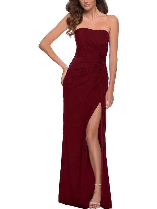LABOMME Strapless Jersey Gown With Ruching And Slit - Burgundy