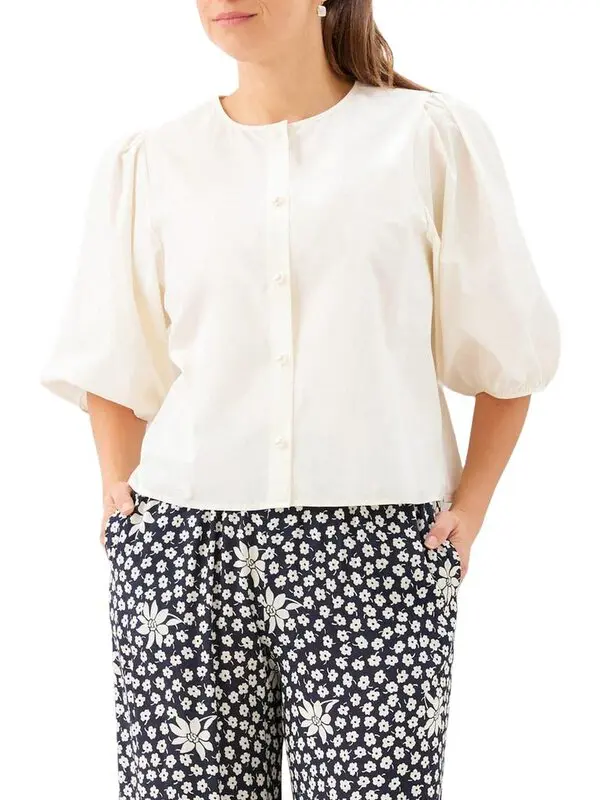 Karen Kane Puff Sleeve Faux Pearl Button Cotton Shirt - Cream
