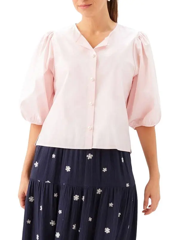 Karen Kane Puff Sleeve Faux Pearl Button Cotton Shirt - Rose