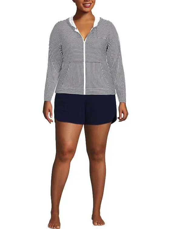 LANDS' END Upf 50 Hooded Zip Front Rash Guard - Deep Sea Navy Mini Stripe
