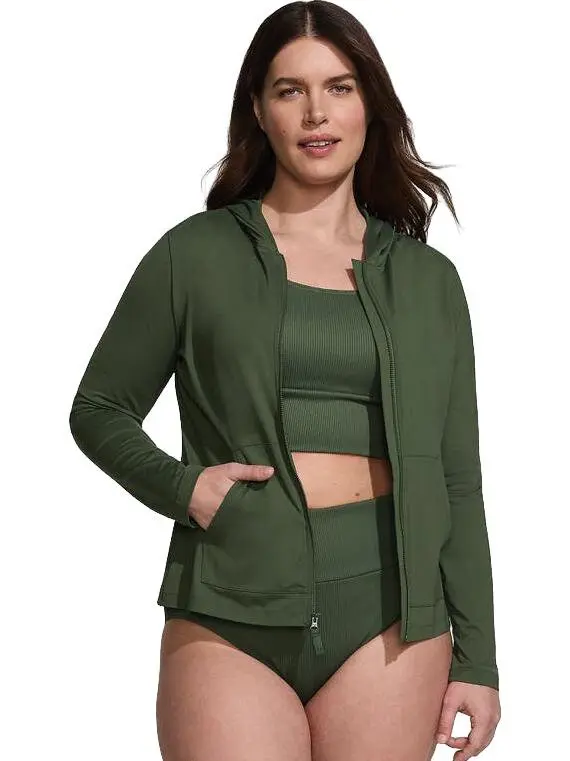 LANDS' END Upf 50 Hooded Zip Front Rash Guard - Rich Olive Green