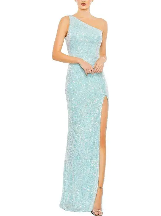 Mac Duggal Sequined One-shoulder Gown With Draped Back - Ice Blue