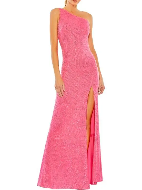 Mac Duggal Sequined One-shoulder Gown With Draped Back - Pink