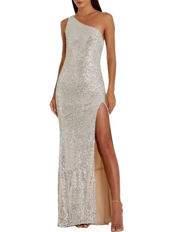 Mac Duggal Sequined One-shoulder Gown With Draped Back - Silver