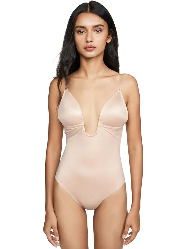 Spanx Shape Suit Your Fancy Plunge Low-back Thong Bodysuit - Champagne Beige