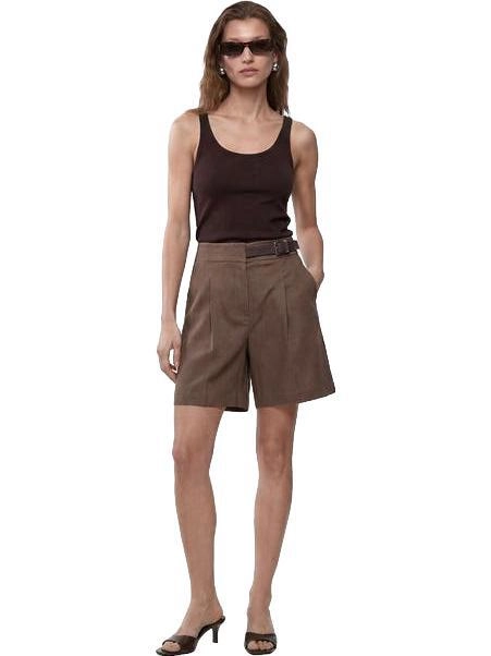 Koton Pleated Linen Blend Bermuda Shorts With Half Belt - Brown
