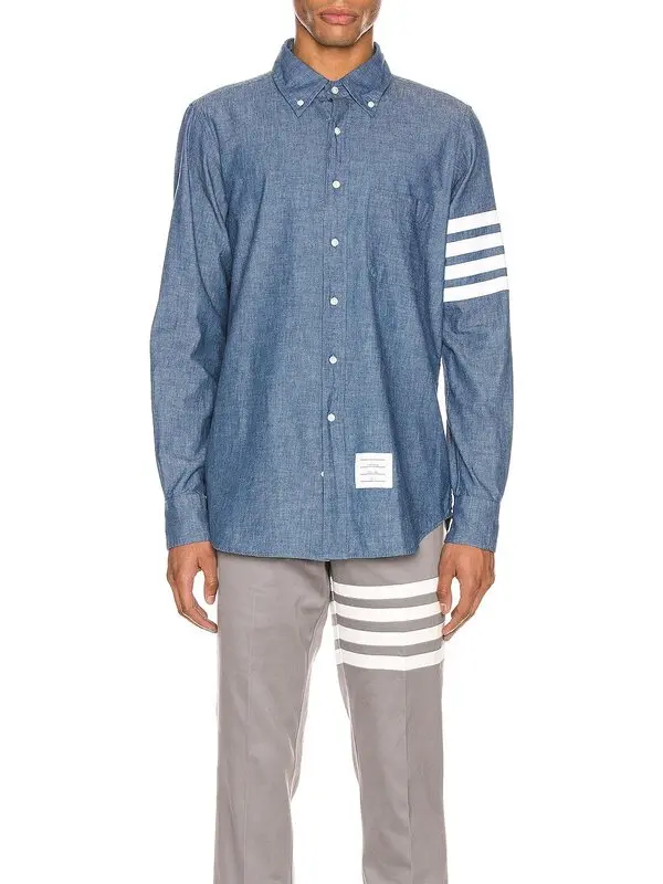 Thom Browne Bar Chambray Shirt In Grey - Blue