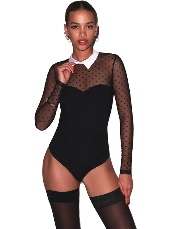 FLEUR DU MAL Collared Bodysuit With Dotted Tulle - Black