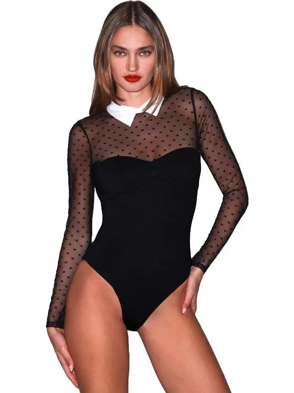 FLEUR DU MAL Collared Bodysuit With Dotted Tulle - Black