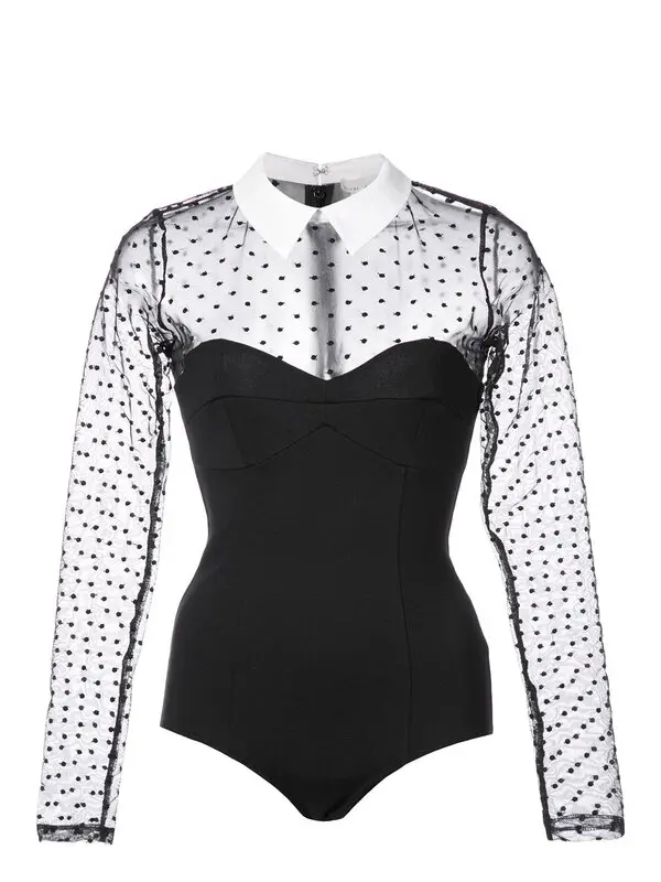 FLEUR DU MAL Dotted Tulle Collared Bodysuit - Black