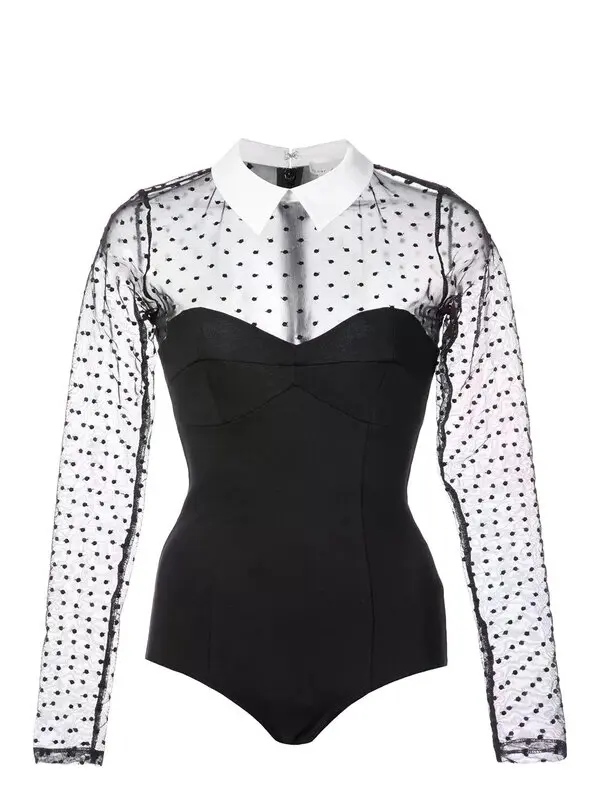 FLEUR DU MAL Dotted Tulle Collared Bodysuit - Black