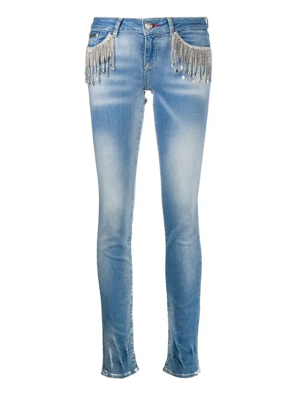 Philipp Plein Crystal-fringe Slim-fit Jeans - Blue