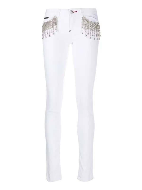 Philipp Plein Crystal-fringe Slim-fit Jeans - White