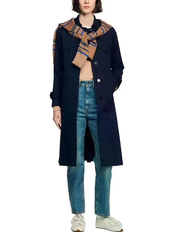 Sandro Trench Coat With Pleated Inset - Blue
