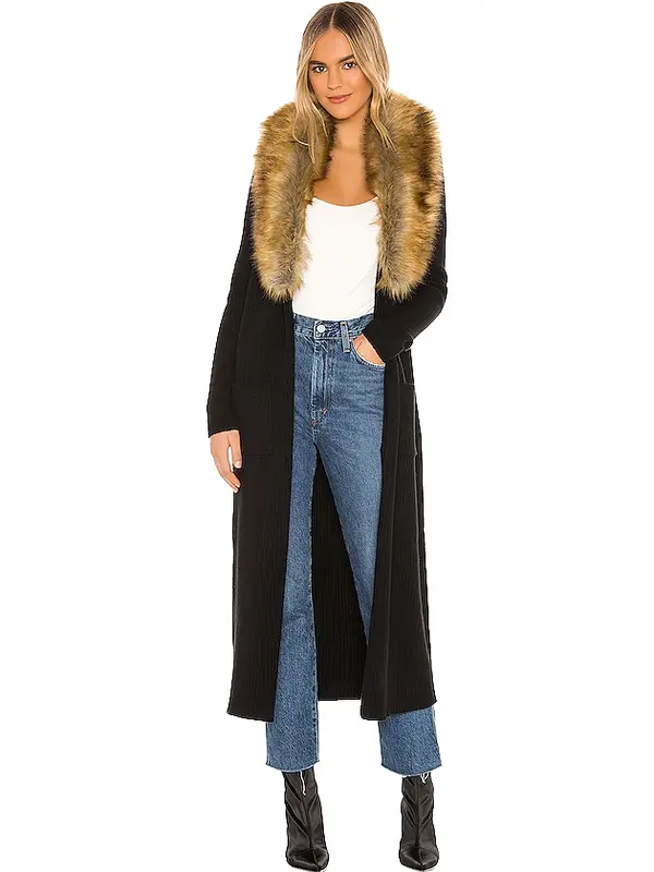 Show Me Your Mumu Lombardi Long Cardigan With Faux Fur Trim - Black